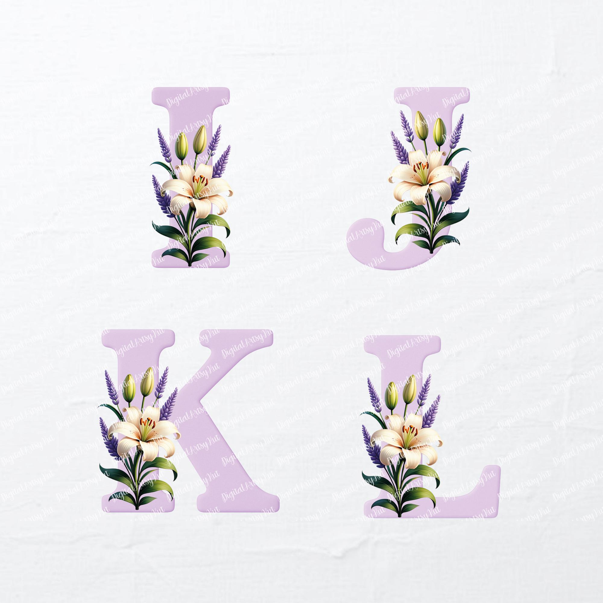 Floral Lily Lavender Alphabet Clipart: Sublimation Letters (PNG Digital ...