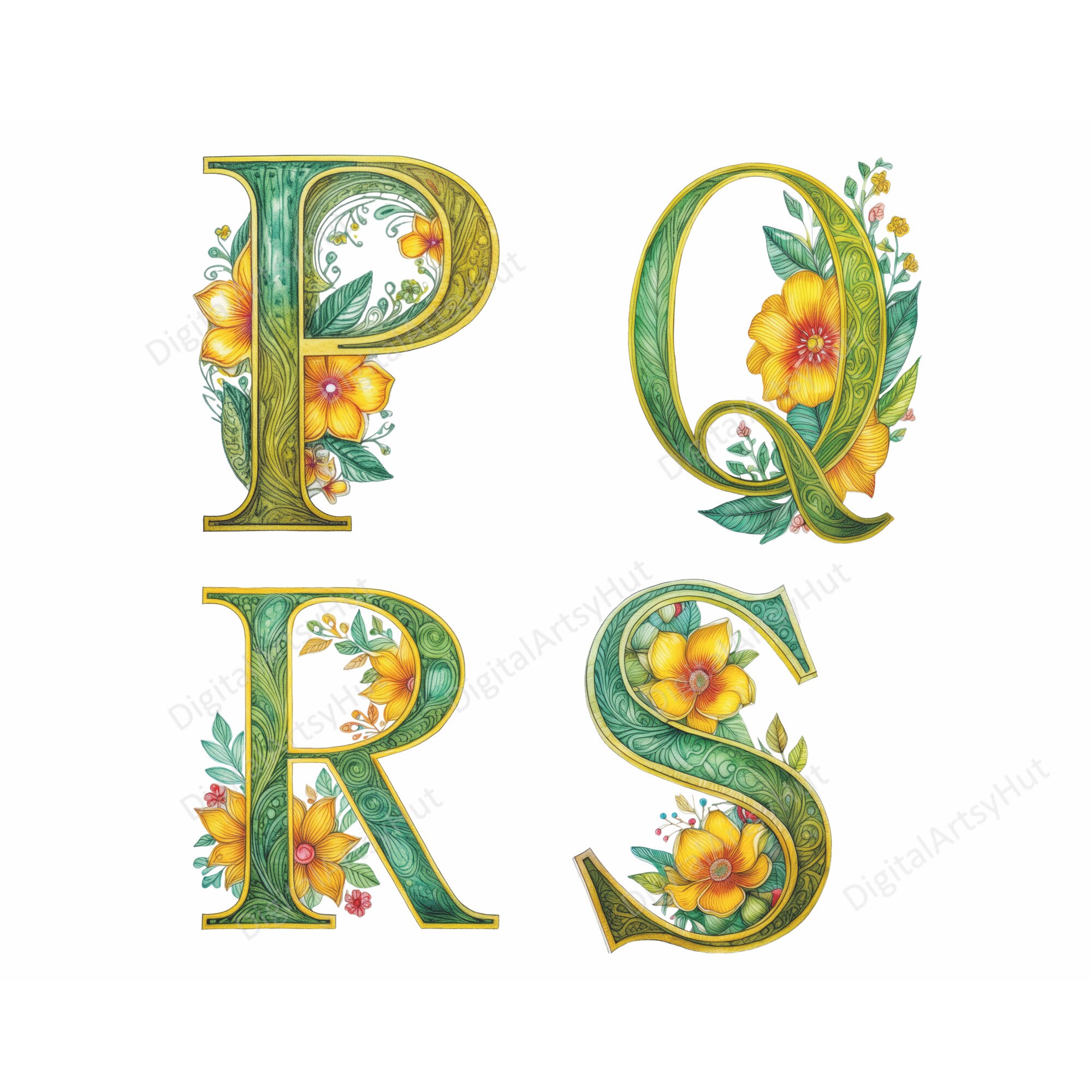 Floral Alphabet Clipart Bundle: Decorative PNG Letters (digital ...
