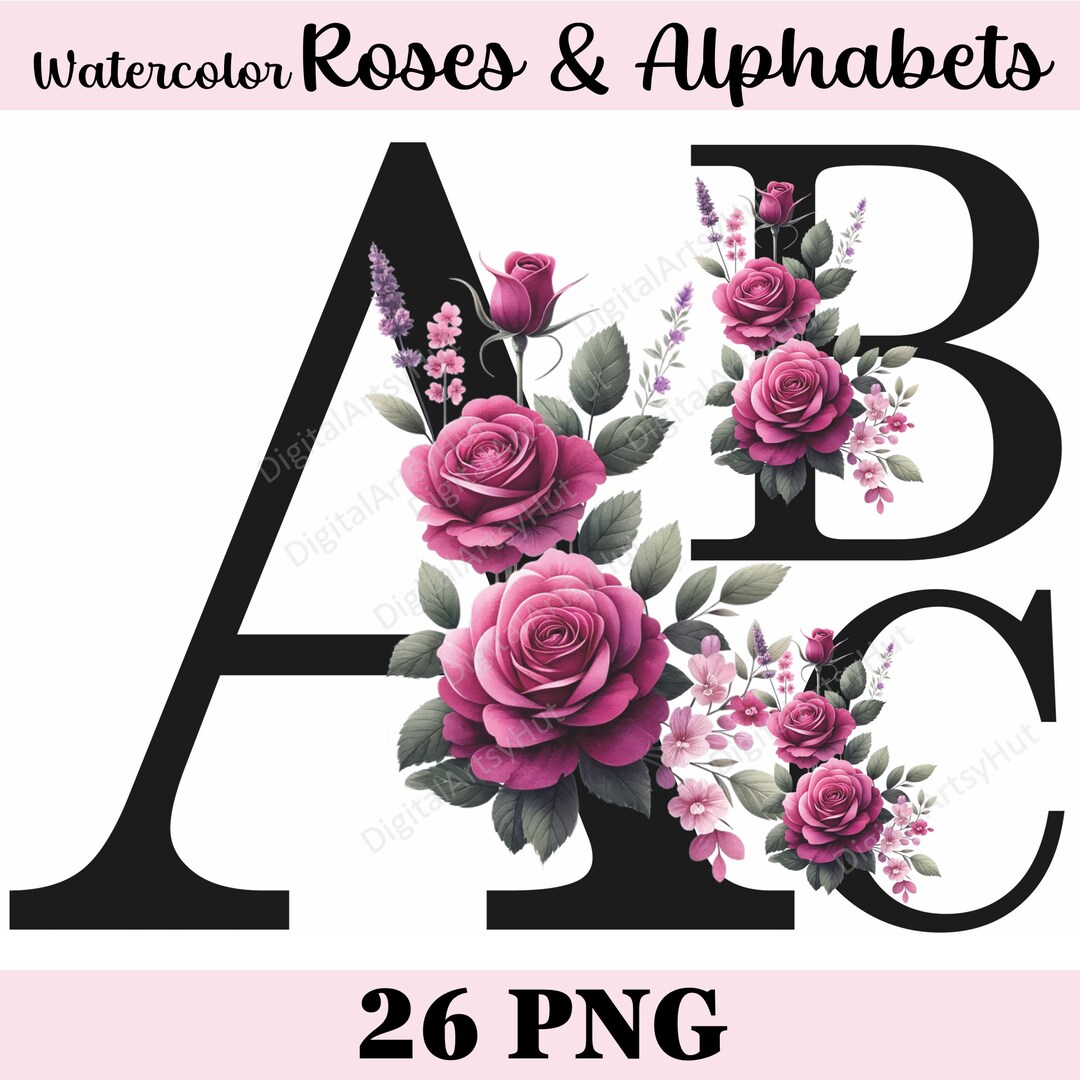 Floral Letters PNG Alphabet Clipart Bundle With Pink Watercolor Roses ...