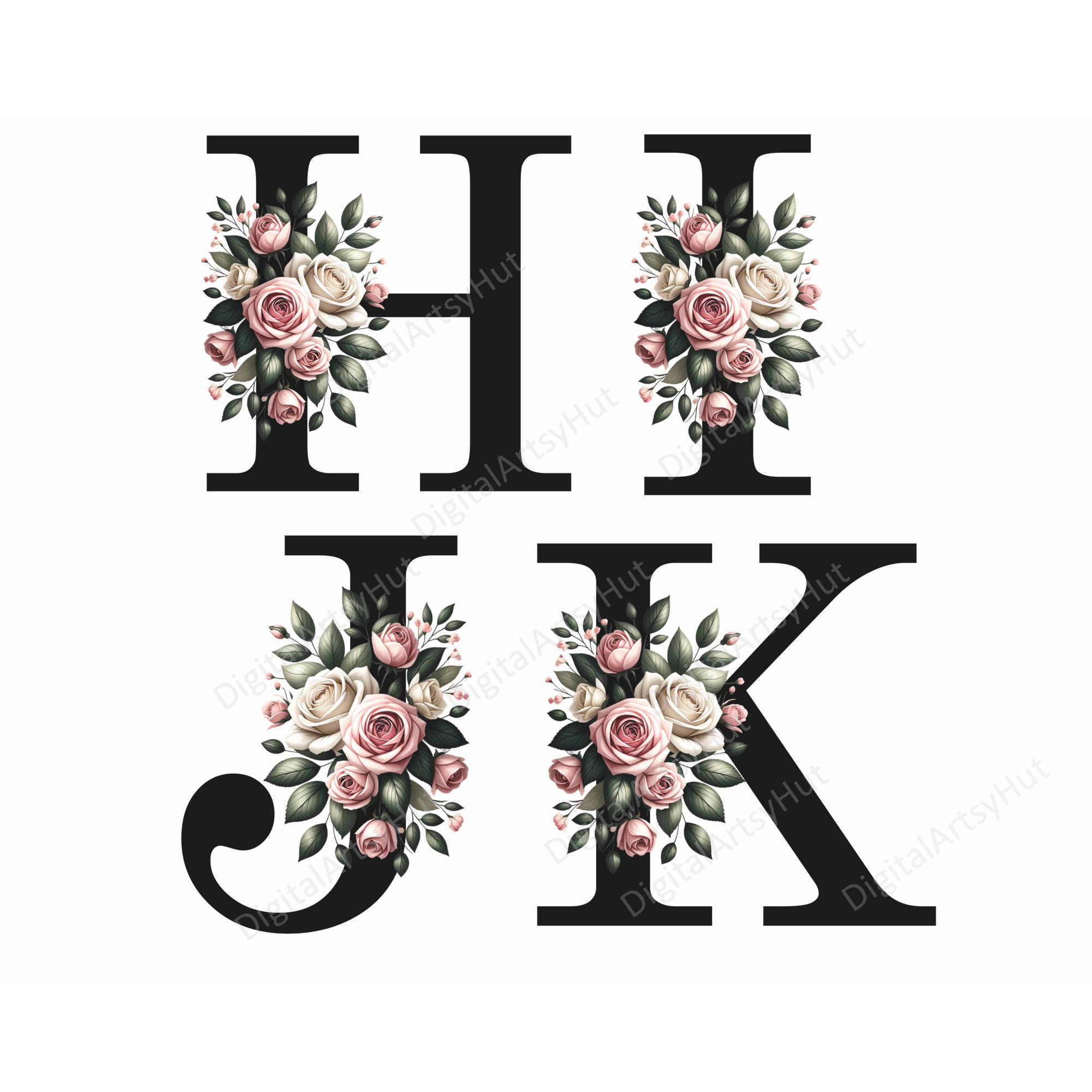 Floral Letter Alphabet Clipart Bundle With Pink Watercolor Roses ...