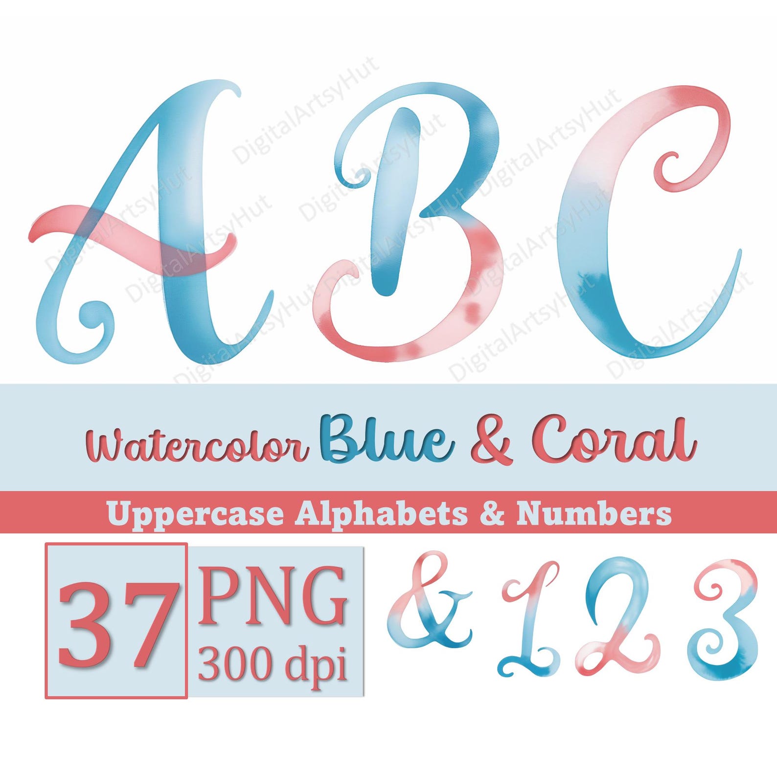 Watercolor Alphabet and Number Clipart. Blue & Coral PNG, Wedding ...