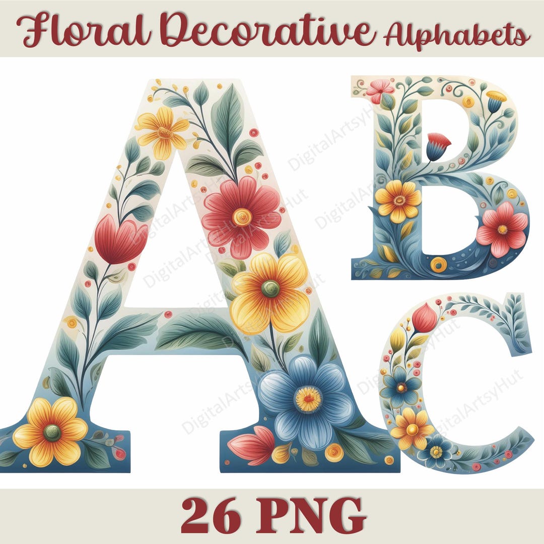 Watercolor Floral Alphabet PNG Bundle: Decorative Letters (digital ...