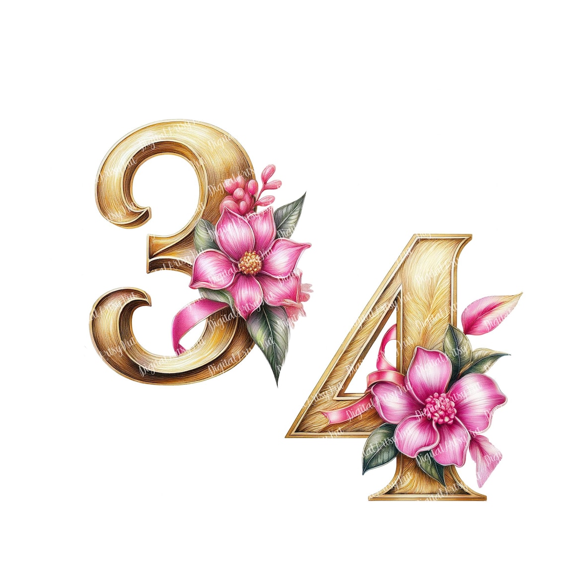 Floral Gold Numbers Clipart: Pink Flowers & Ribbons (PNG Digital ...
