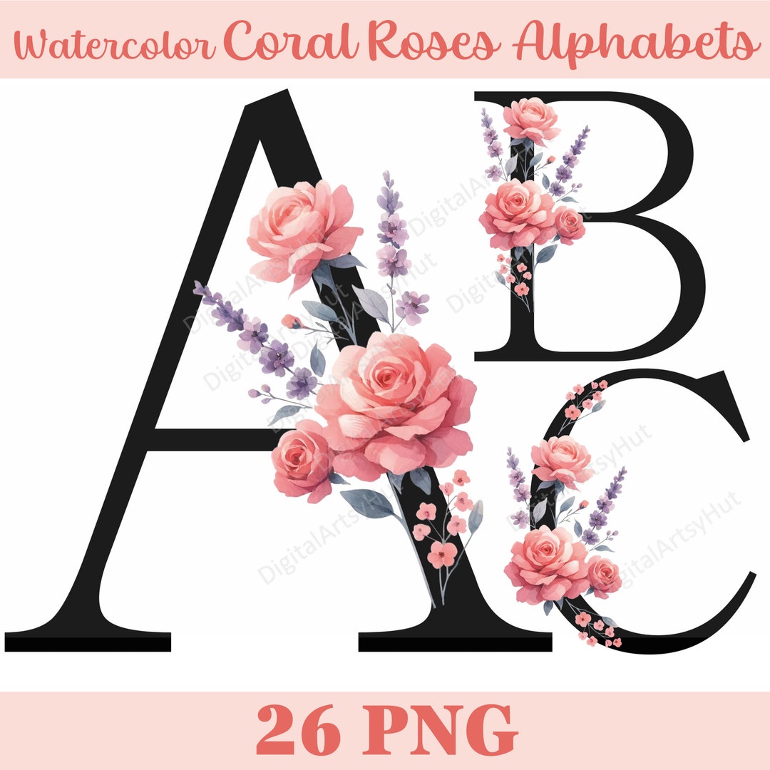 Floral Letter Clipart: Coral Watercolor Roses Alphabet (PNG Digital ...