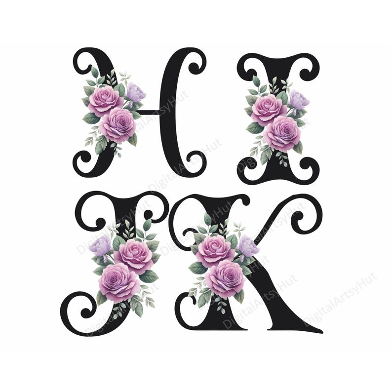 Watercolor Rose Floral Alphabet Clipart: Wedding Monogram Letters (PNG ...