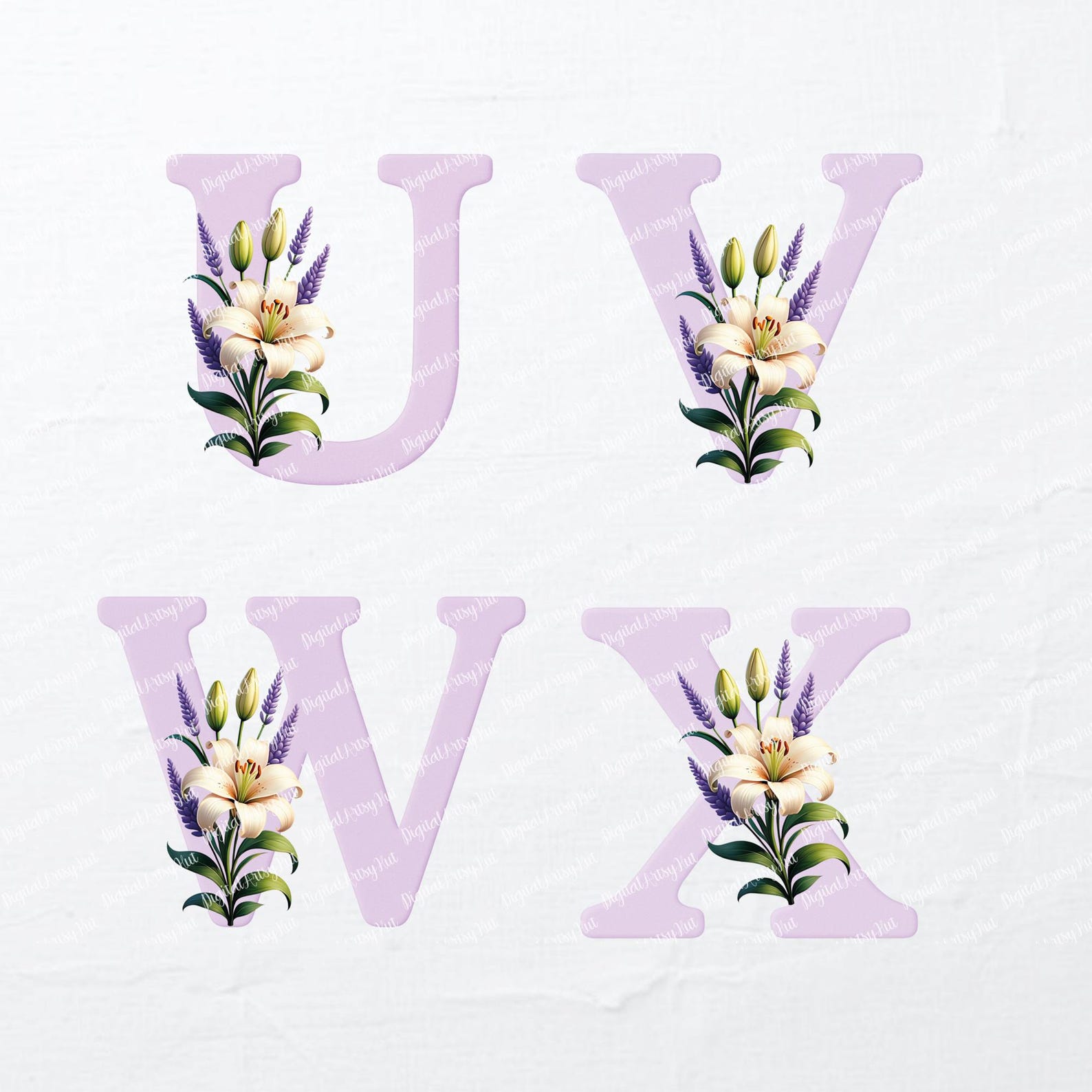 Floral Lily Lavender Alphabet Clipart: Sublimation Letters (PNG Digital ...