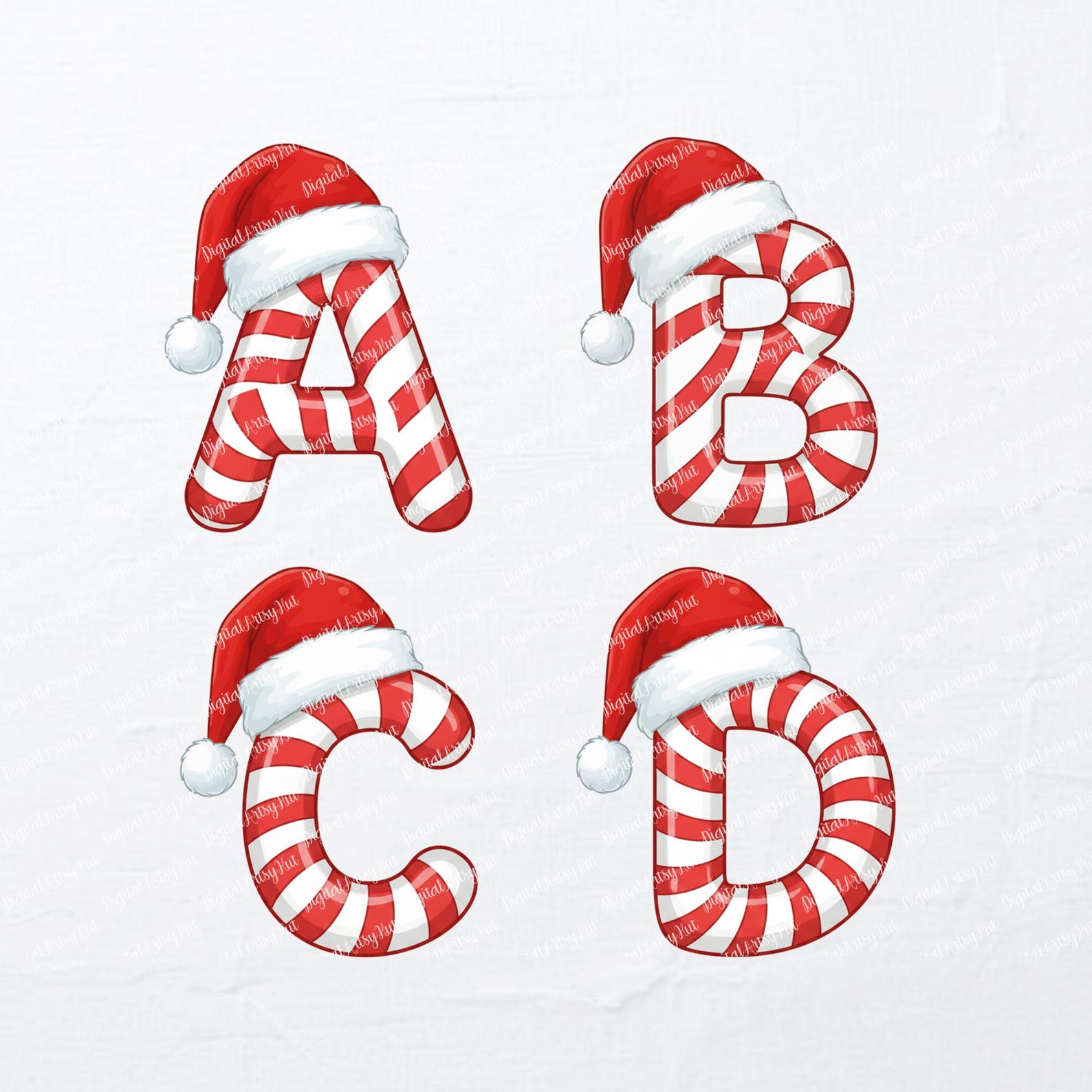 Christmas Candy Cane Alphabet PNG | Jolly Xmas Letters With Santa Hats ...