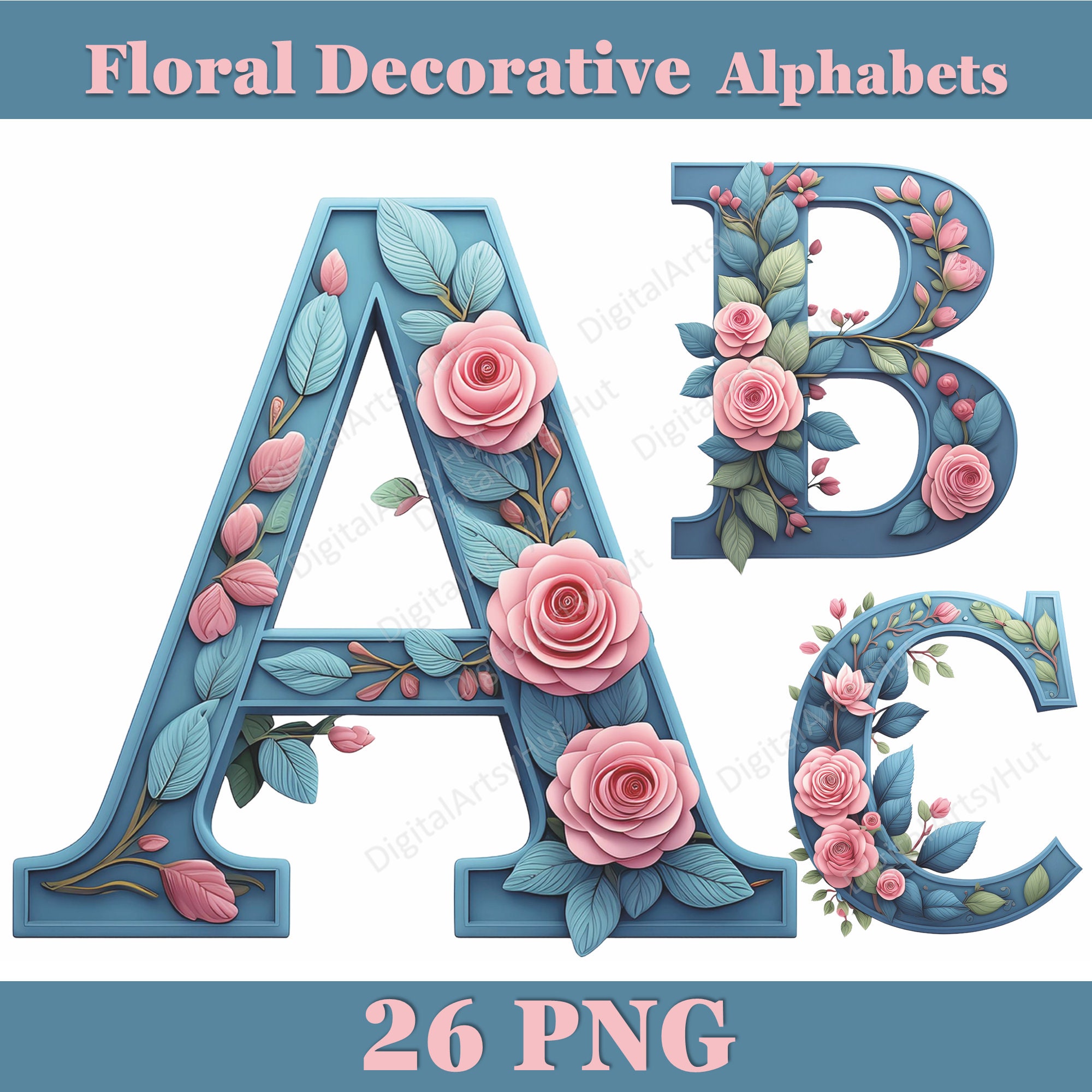 Floral Letters Uppercase Alphabet PNG Bundle. 3d Letters Decorative ...