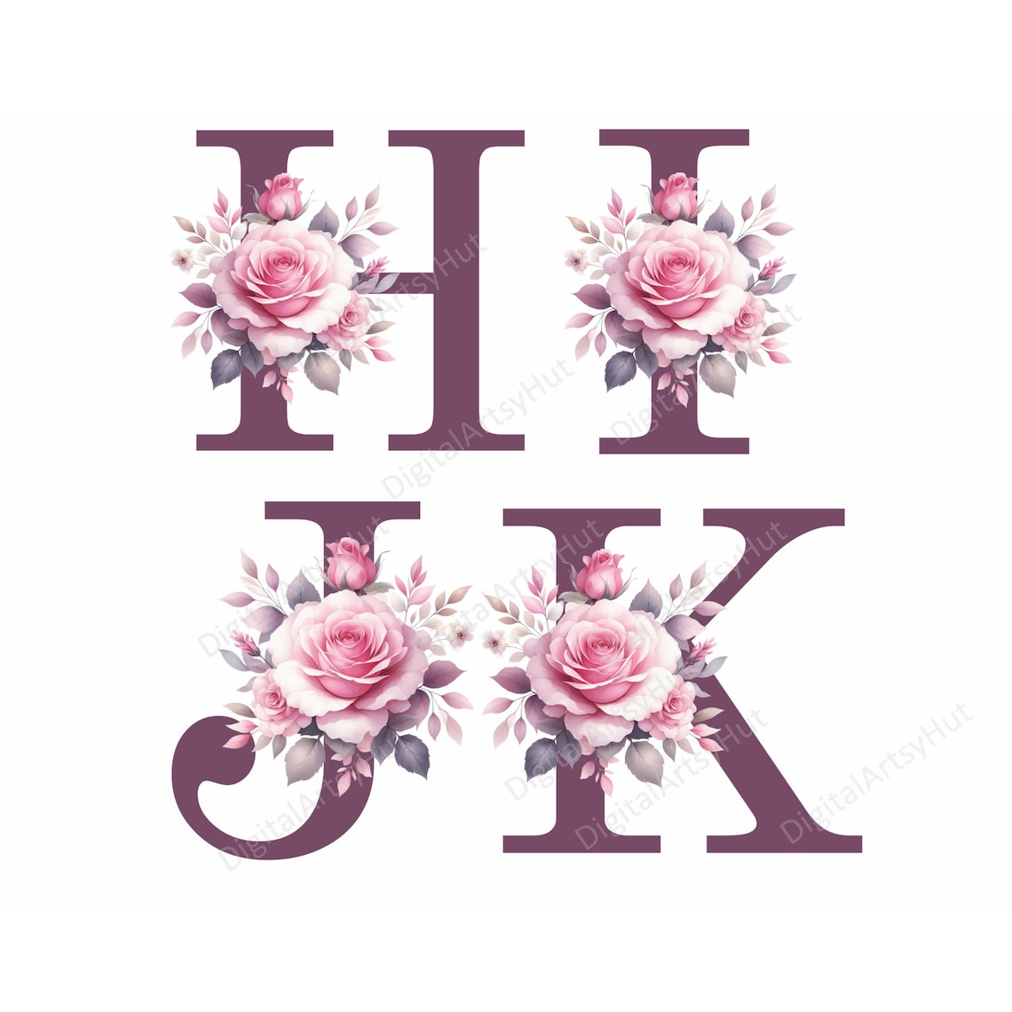 Floral Letter Alphabet Clipart Bundle With Watercolor Pink Roses ...