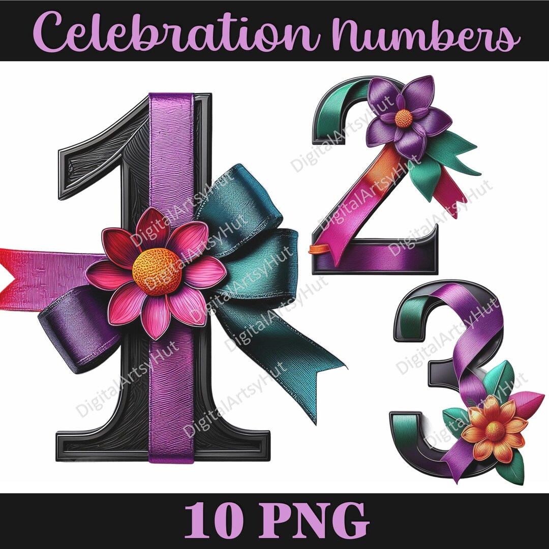 Celebration Numbers 0-9 Clipart With Floral Ribbons. Festive, New Year ...