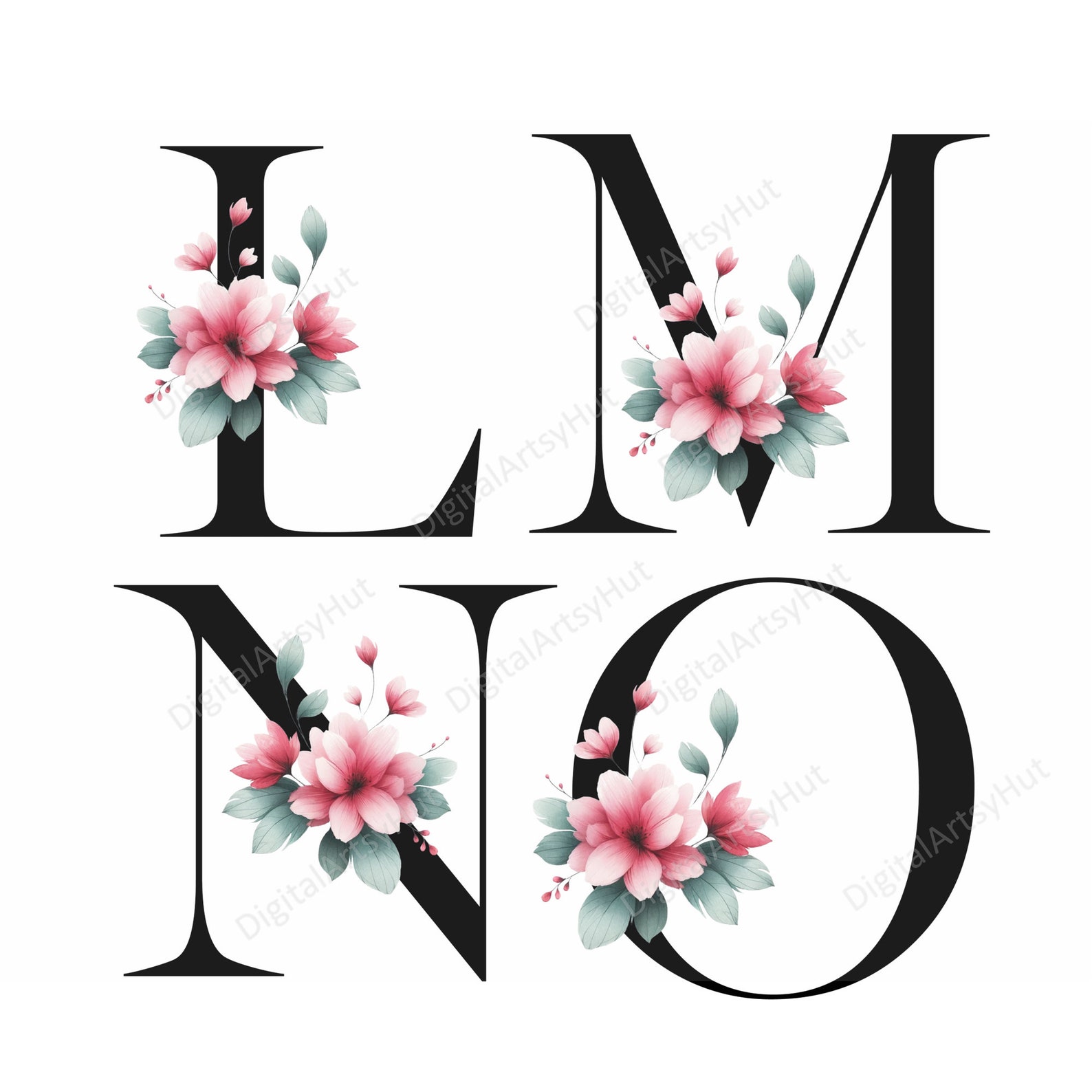 Floral Letter Alphabet Clipart Bundle With Pink Watercolor Flowers ...