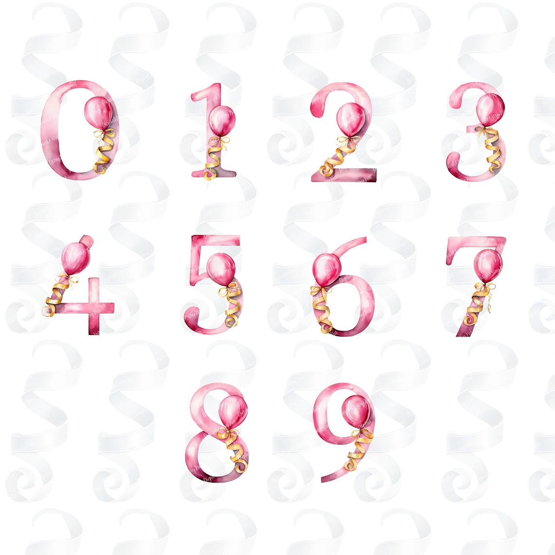 Watercolor Balloon Numbers Clipart: Birthday Anniversary PNG (digital ...