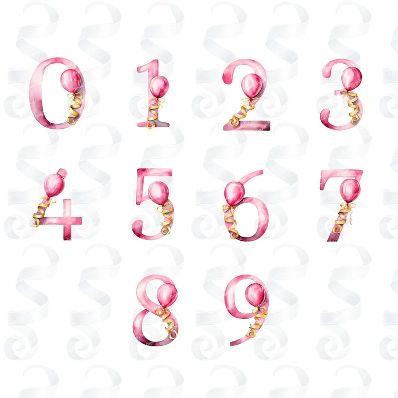 Watercolor Balloon Numbers Clipart: Birthday Anniversary PNG (digital ...