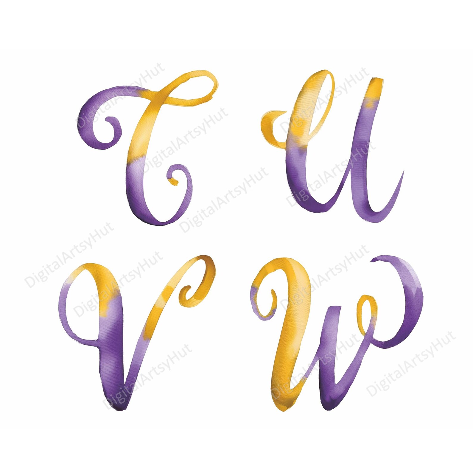 Watercolor Purple & Yellow Alphabet Clipart: 37 PNG Monogram Letters ...