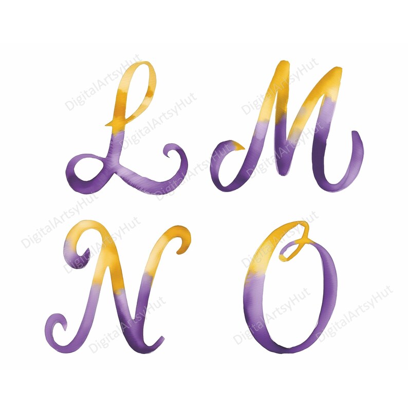 Watercolor Purple & Yellow Alphabet Clipart: 37 PNG Monogram Letters ...