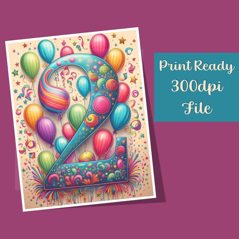 Second Birthday Number 2 Card Clipart Instant Download. Printable Card ...