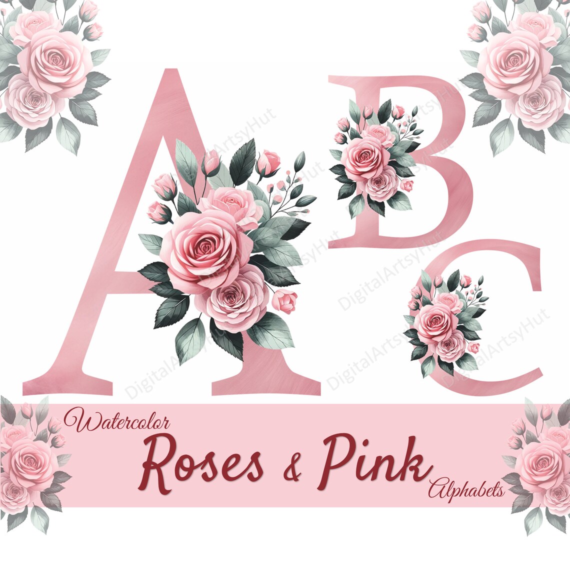 Floral Alphabet PNG Bundle. Watercolor Pink Floral Letters Decorative ...