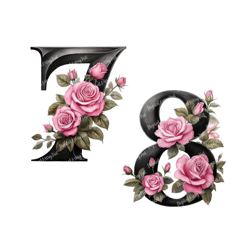 Pink Roses Numbers Clipart: Elegant Black Typography (10 PNG Digital ...
