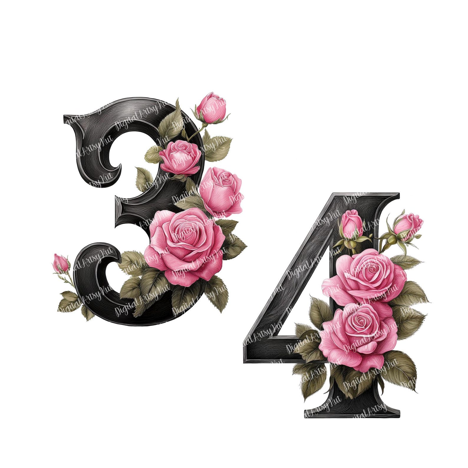 Pink Roses Numbers Clipart: Elegant Black Typography (10 PNG Digital ...