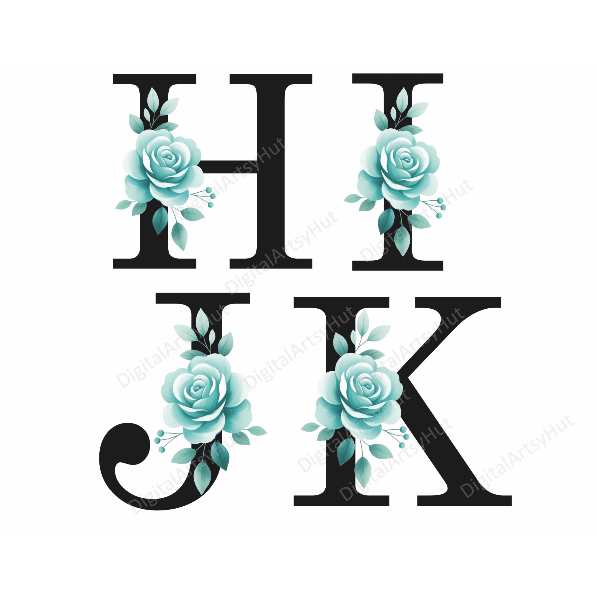 Watercolor Turquoise Rose Floral Letters: PNG Clipart Bundle (digital ...