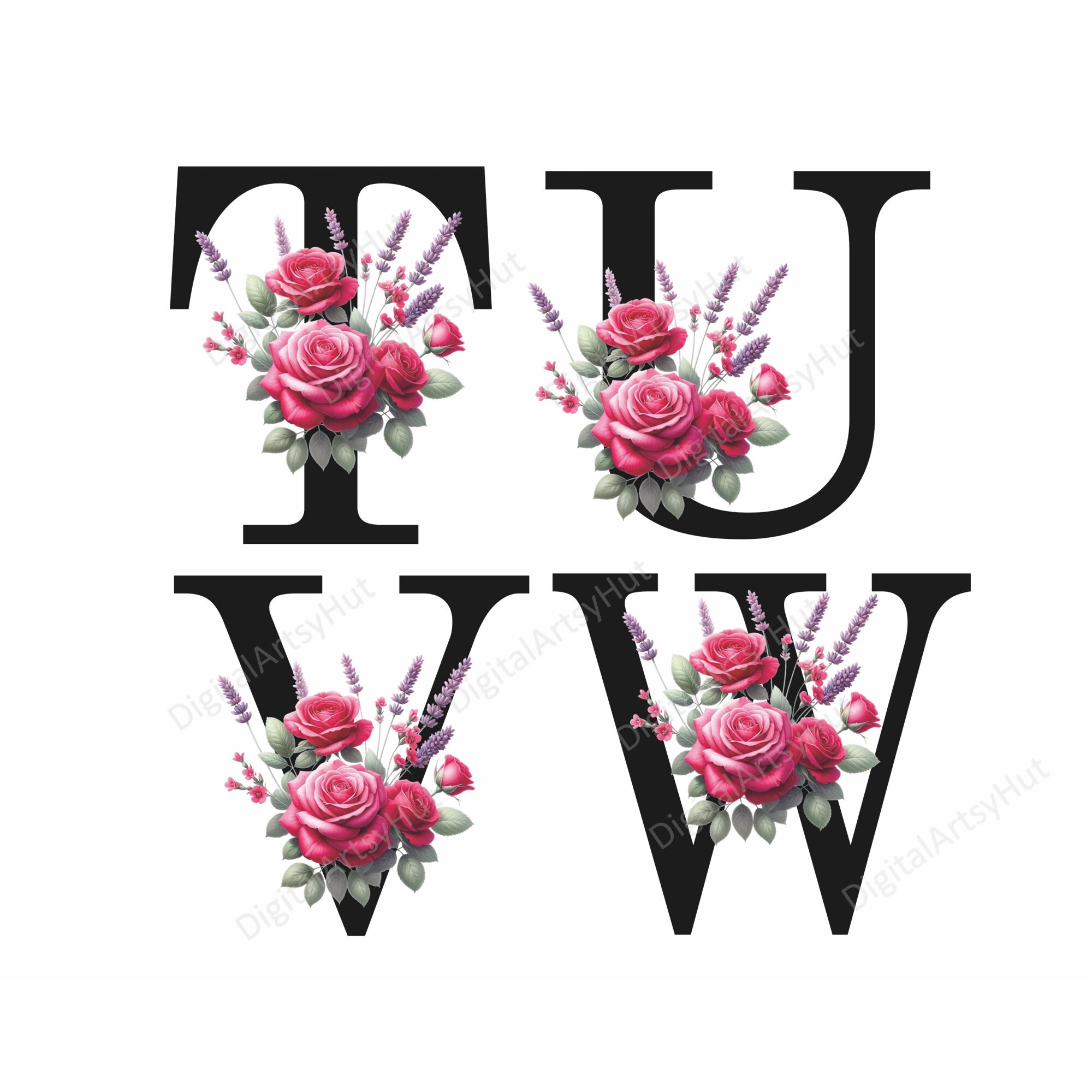 Floral Letters PNG Alphabet Clipart Bundle With Red Watercolor Roses ...