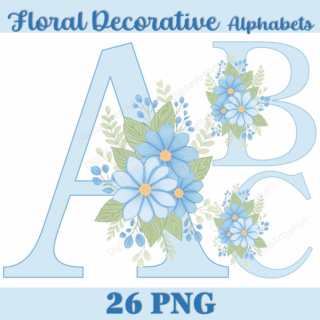 Floral Letter Alphabet Clipart Bundle With Blue Sublimation Letters ...
