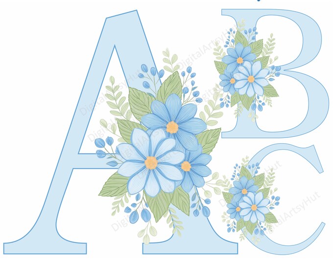 Watercolor Floral Alphabet Clipart: Blue Floral Letters (PNG) - Etsy Canada