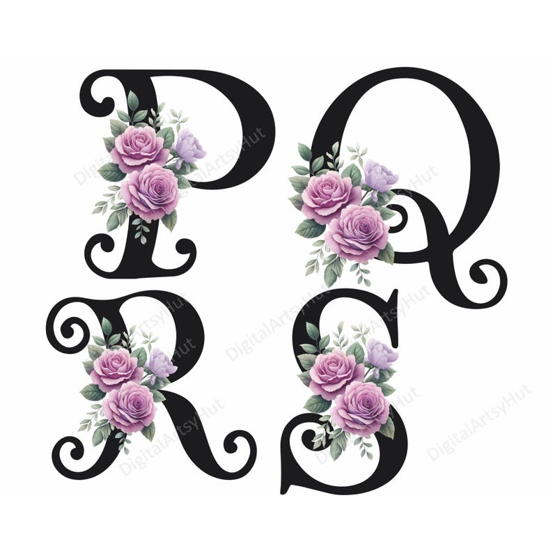 Watercolor Rose Floral Alphabet Clipart: Wedding Monogram Letters (PNG ...