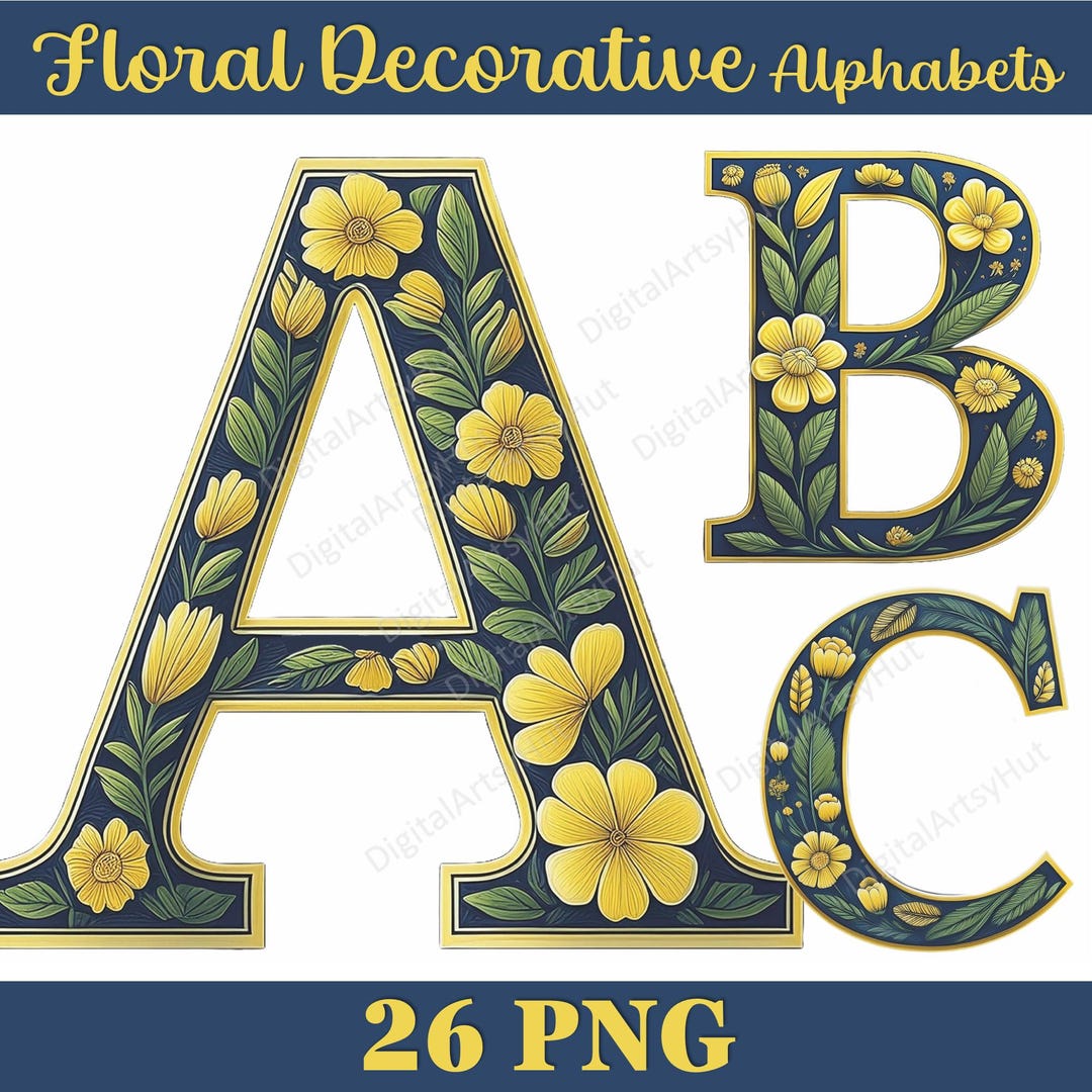 Floral Alphabet PNG Bundle. Watercolor Navy Yellow Floral Letters ...