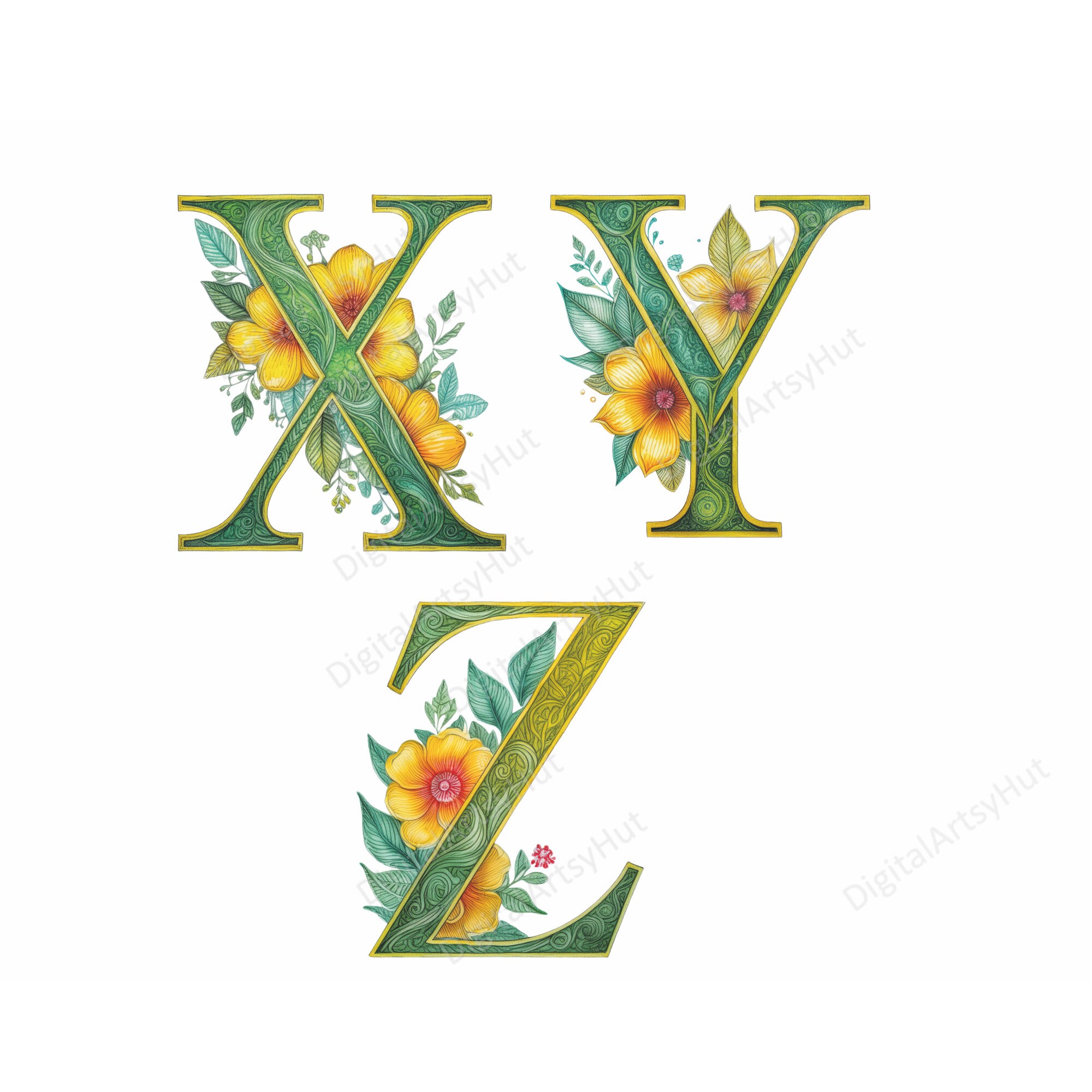 Floral Alphabet Clipart Bundle: Decorative PNG Letters (digital ...