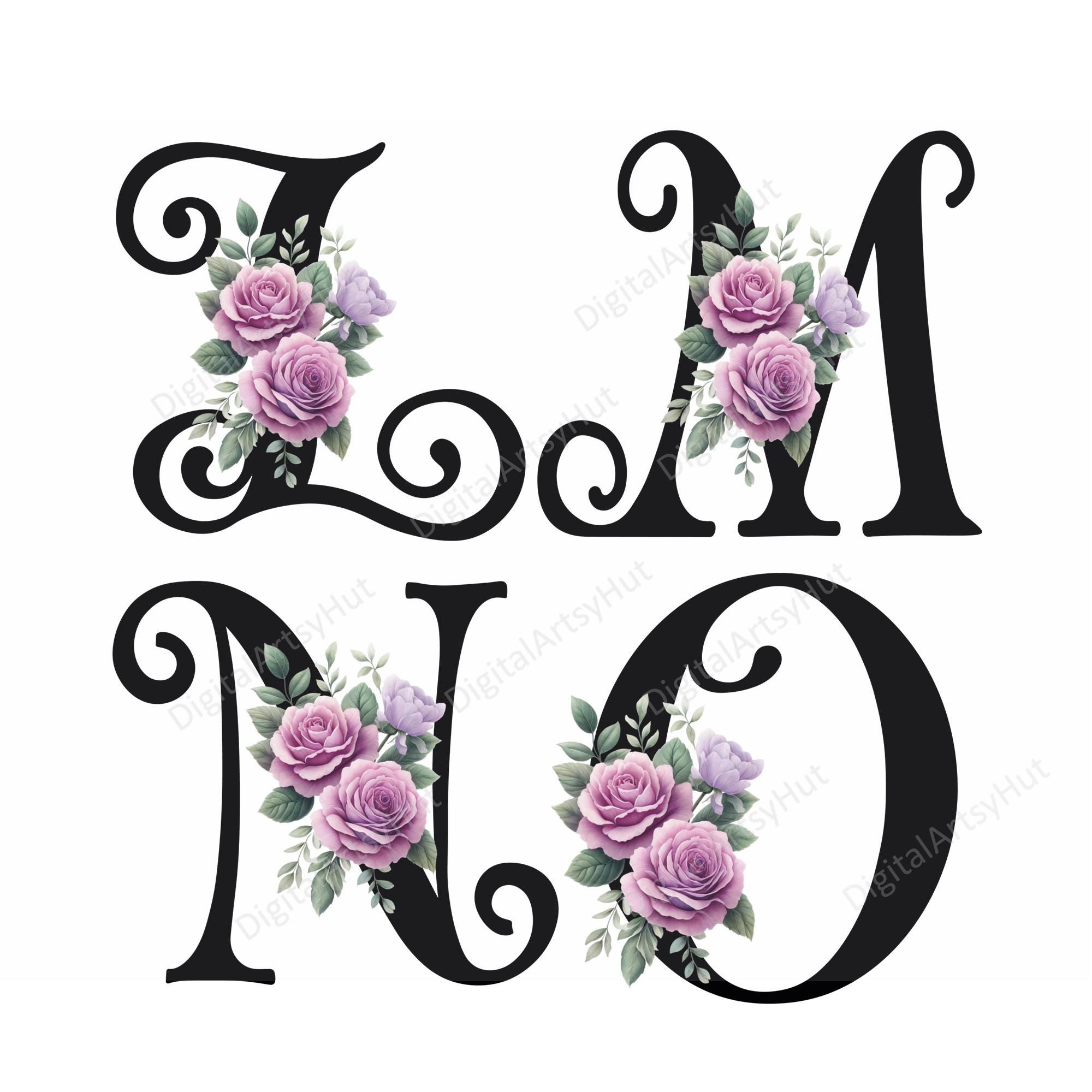 Floral Letter Alphabet Clipart Bundle With Watercolor Roses ...