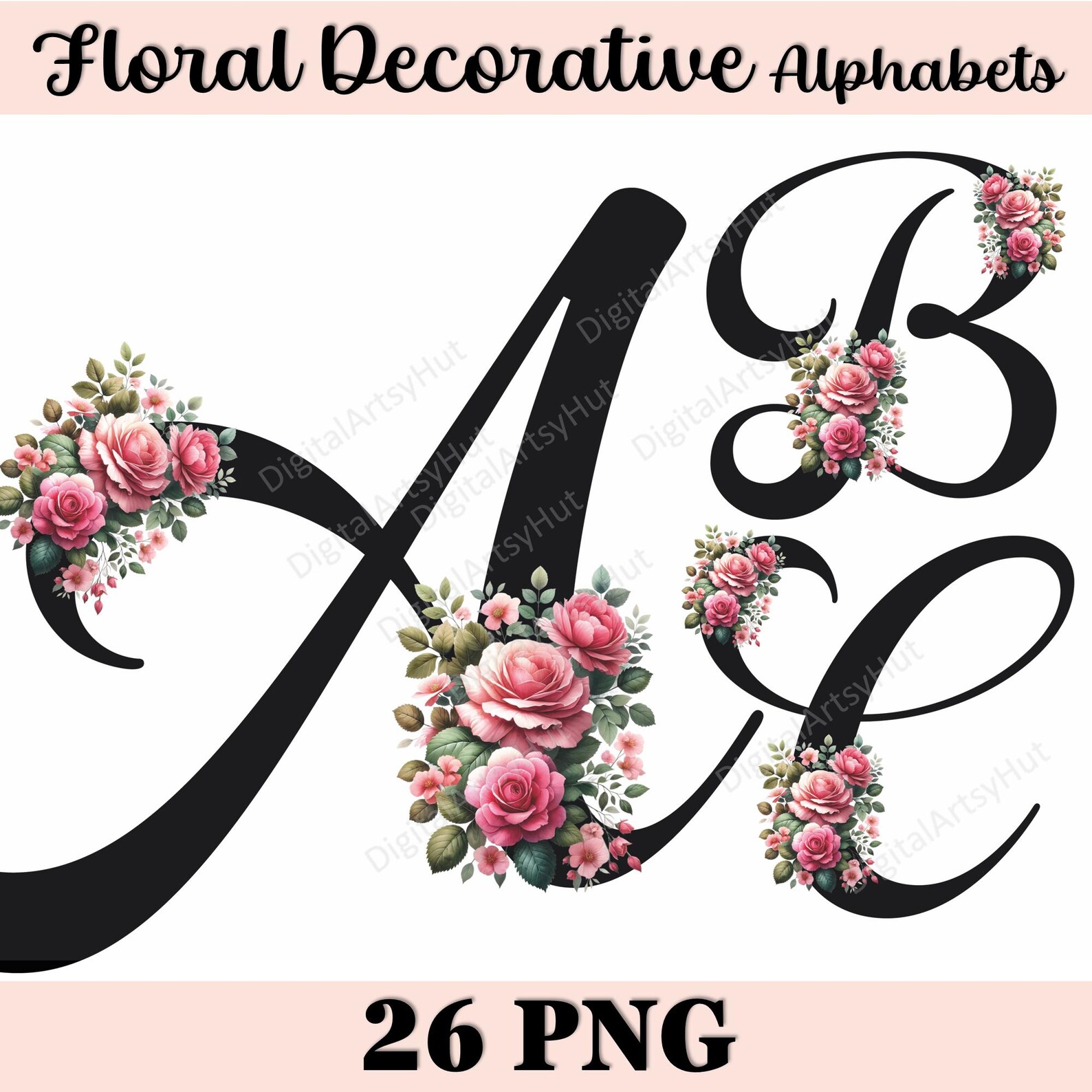 Floral Letter Alphabet Clipart Bundle With Pink Watercolor Roses ...