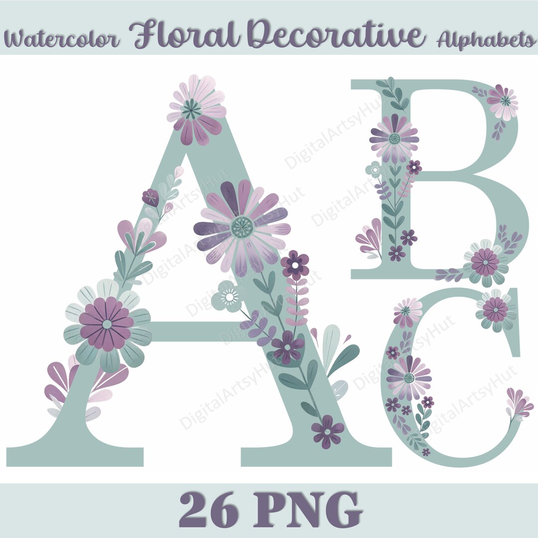 Floral Letter Alphabet Clipart Bundle With Mint & Lilac Sublimation ...