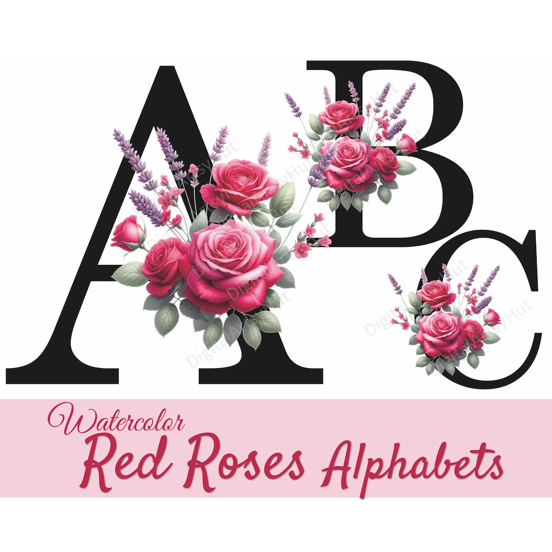 Floral Letters PNG Alphabet Clipart Bundle With Red Watercolor Roses ...