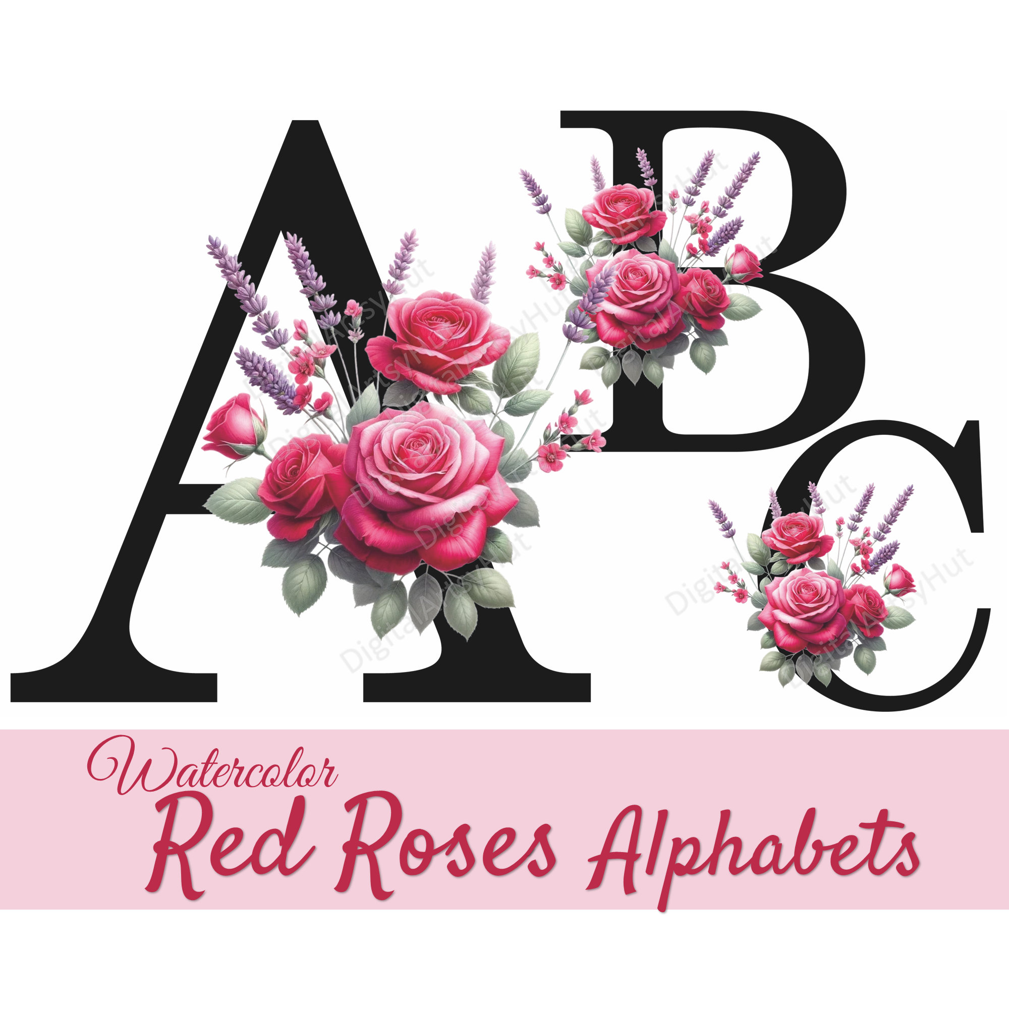 Floral Letters PNG Alphabet Clipart Bundle With Red Watercolor Roses ...