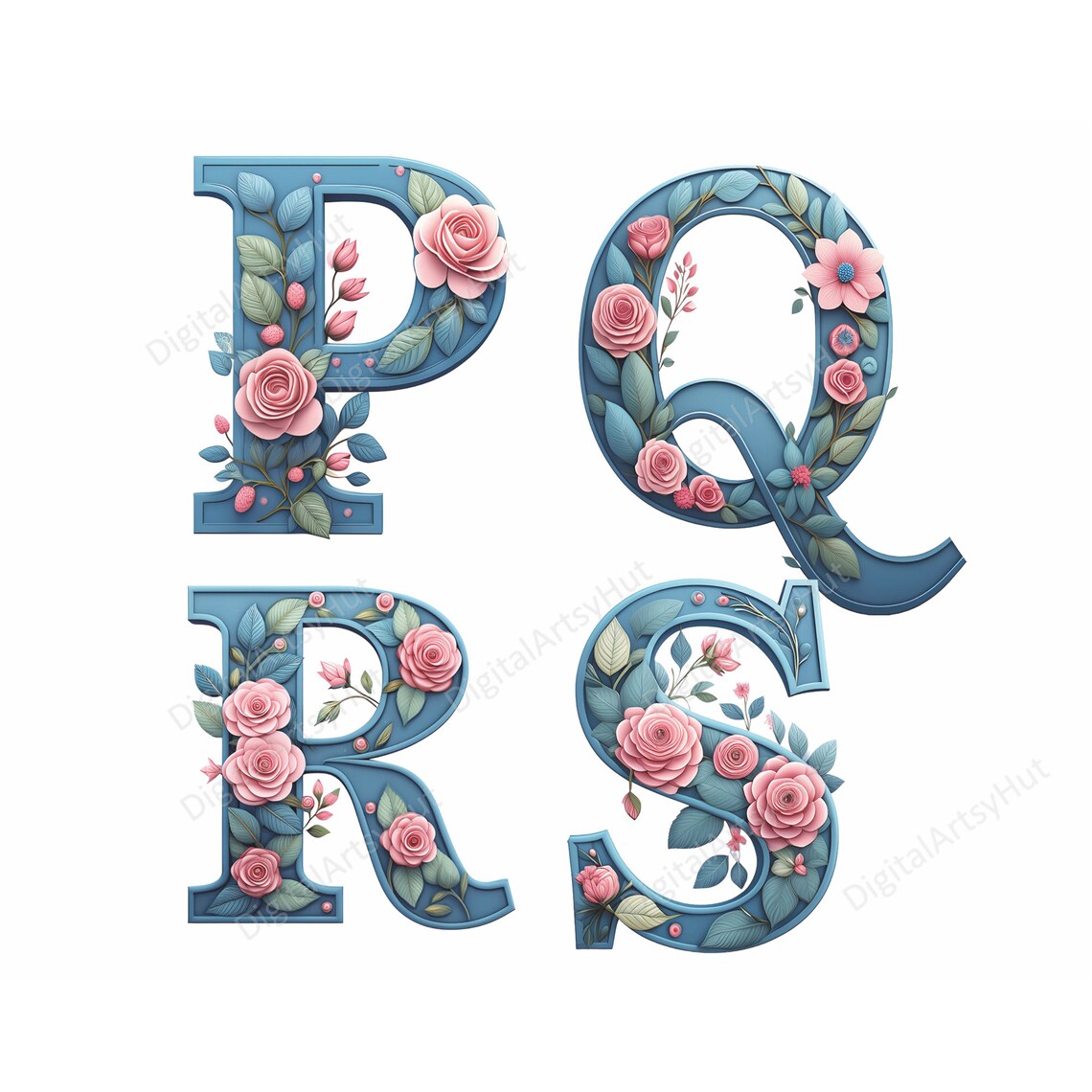Floral Letters Uppercase Alphabet PNG Bundle. 3d Letters Decorative ...