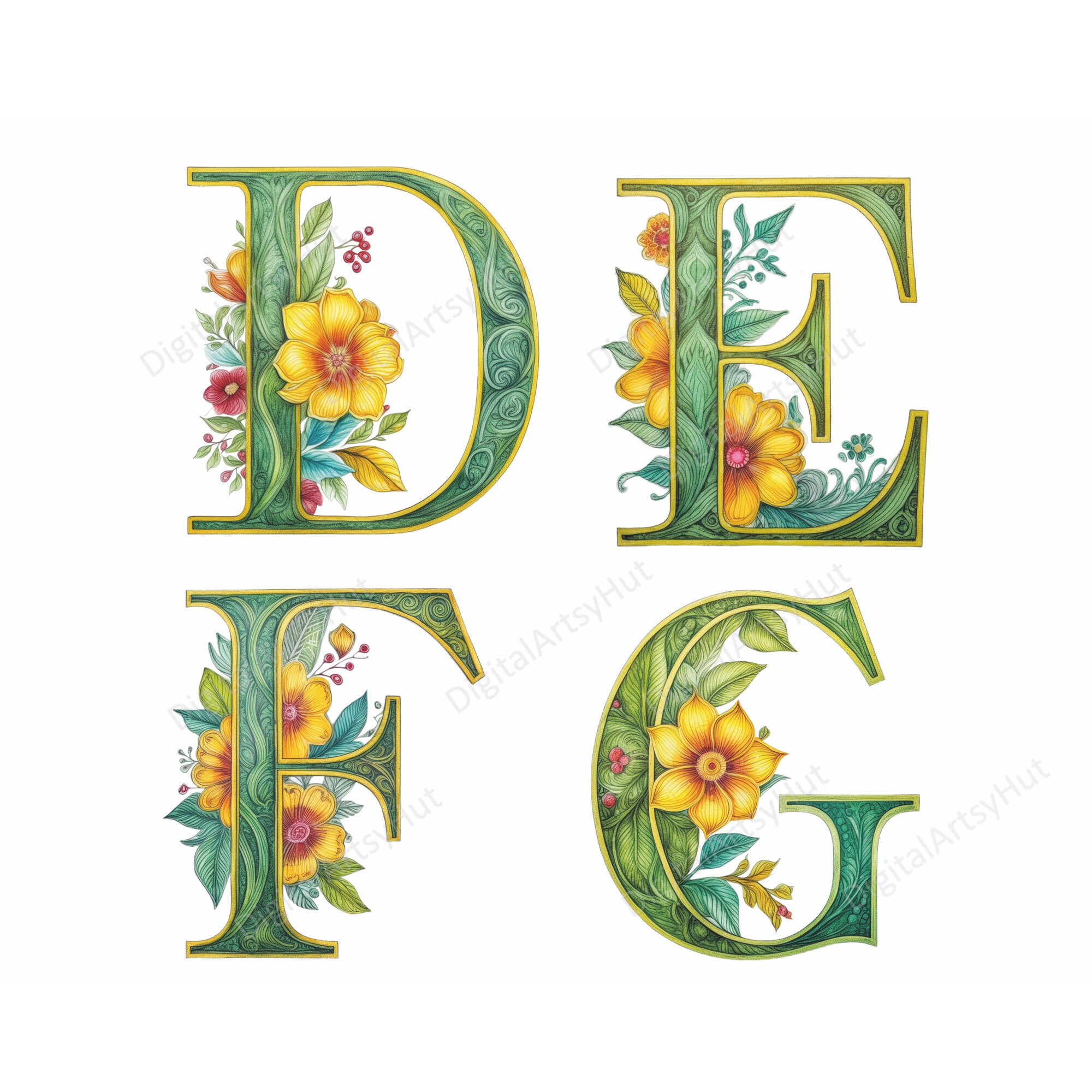 Floral Alphabet Clipart Bundle: Decorative PNG Letters (digital ...