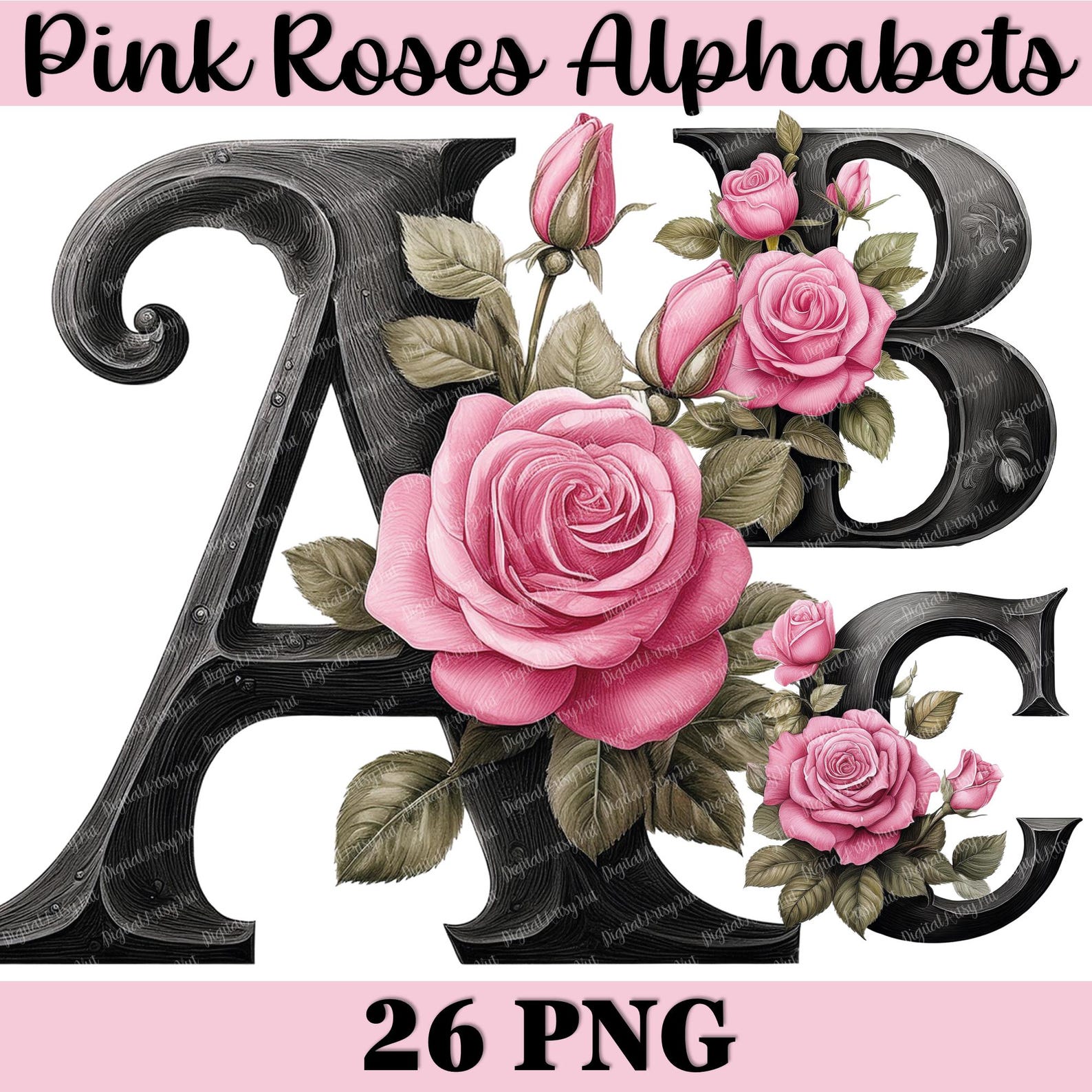 Floral Letter Clipart: Pink Watercolor Roses Alphabet (digital Download ...