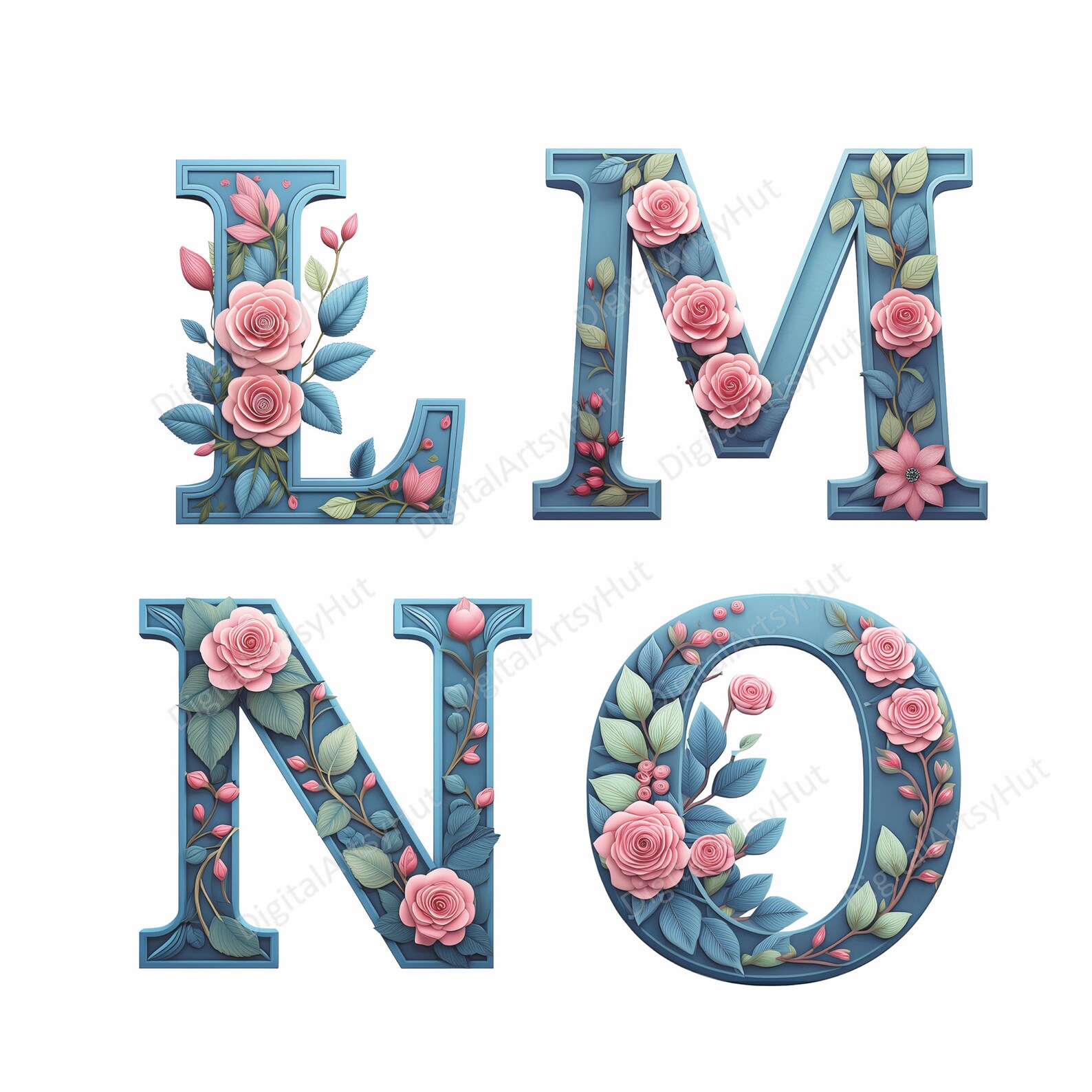 Floral Letters Uppercase Alphabet PNG Bundle. 3d Letters Decorative ...