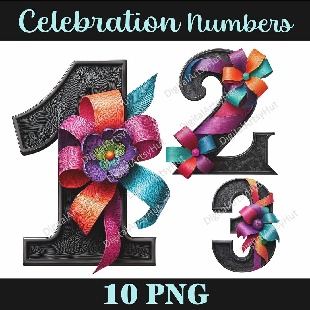 Celebration Numbers Clipart With Floral Ribbons. Festive, New Year ...