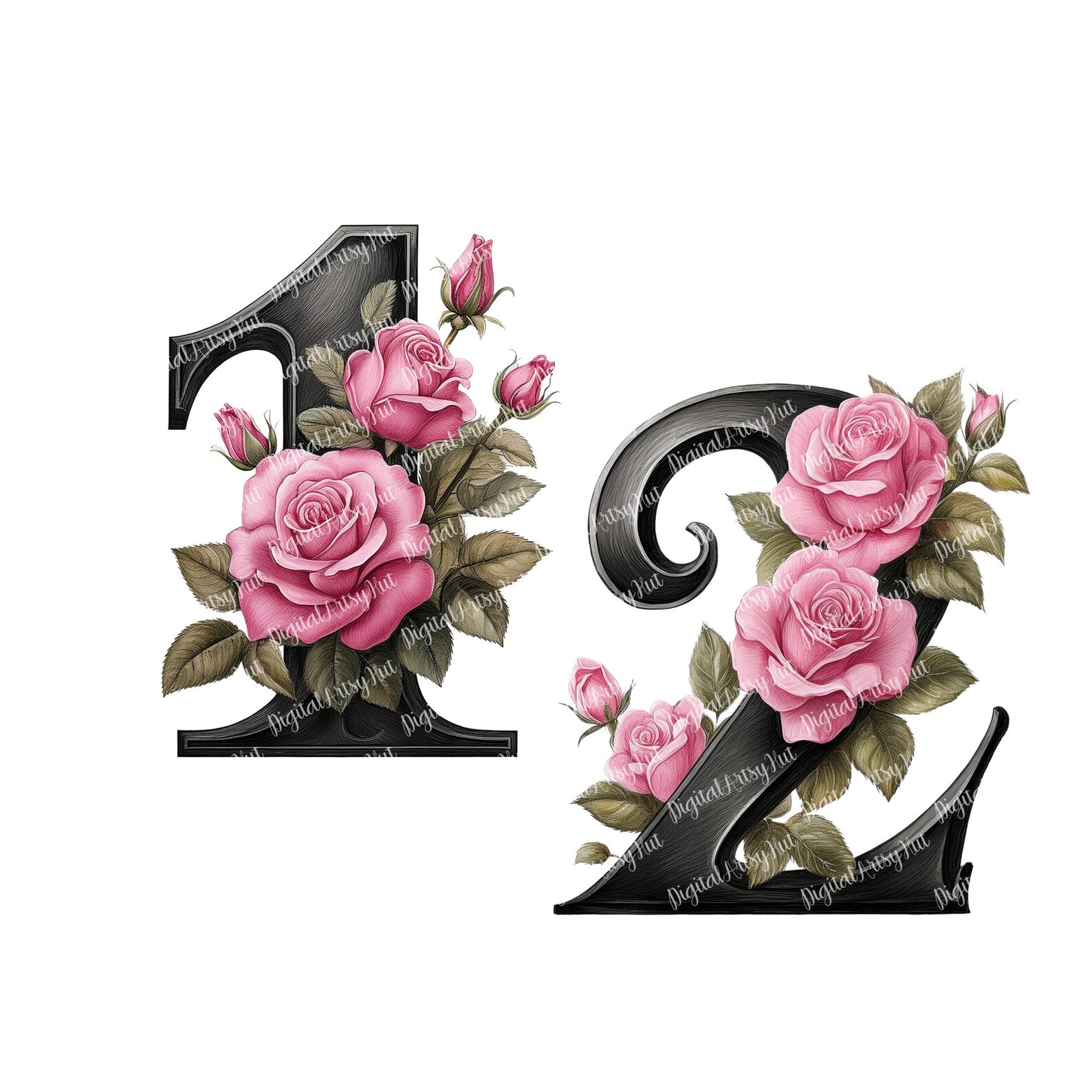 Pink Roses Numbers Clipart: Elegant Black Typography (10 PNG Digital ...