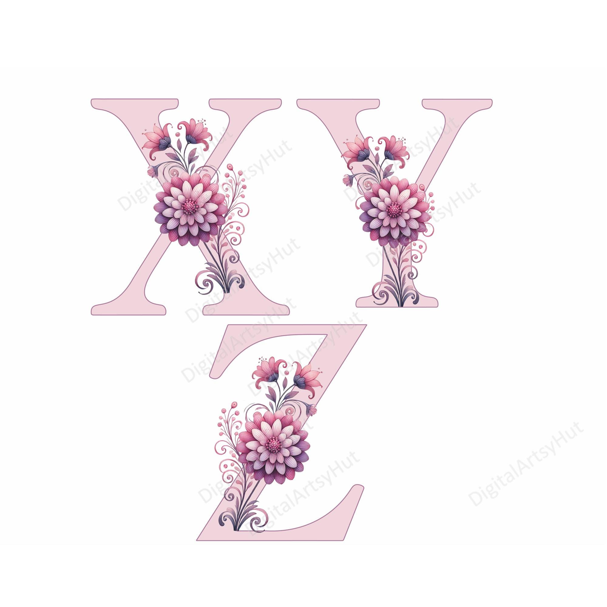 Floral Alphabet Clipart Bundle: Pink Flower Letters (PNG Digital ...