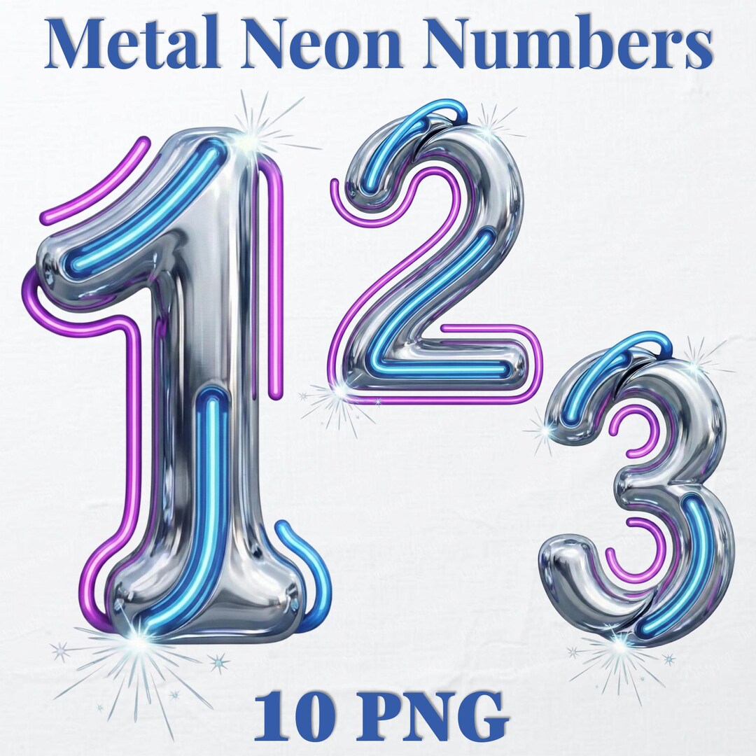 Metal Neon Numbers 0–9 PNG – Silver Neon Number Clipart for New Year ...