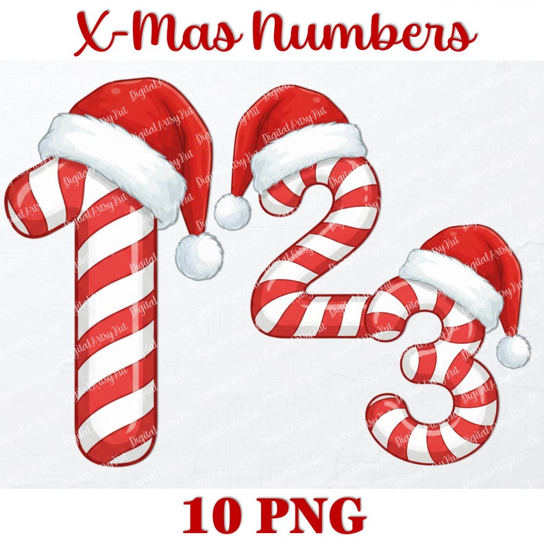 Christmas Candy Cane Numbers (0–9) PNG Set – Santa Hat Clipart, 300 DPI ...