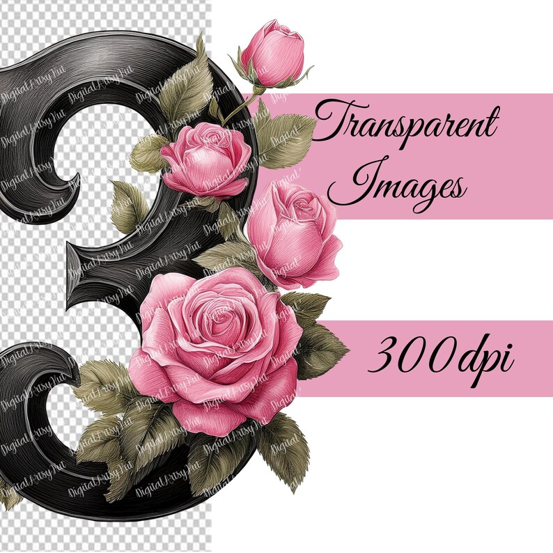 Pink Roses Numbers Clipart: Elegant Black Typography (10 PNG Digital ...