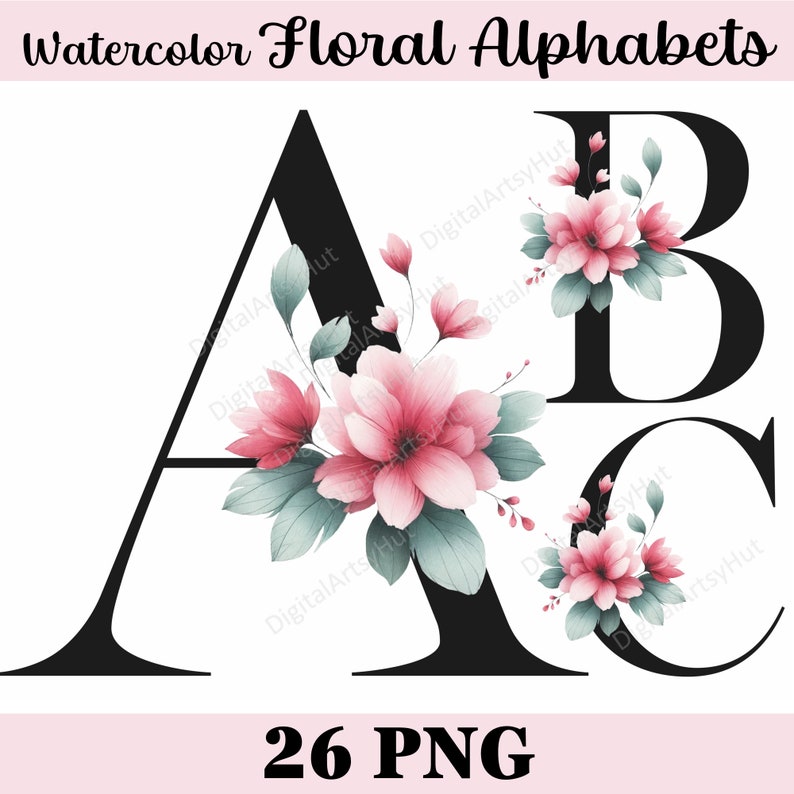 Floral Letter Alphabet Clipart Bundle With Pink Watercolor Flowers ...