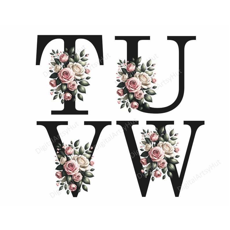 Floral Letter Alphabet Clipart Bundle With Pink Watercolor Roses ...
