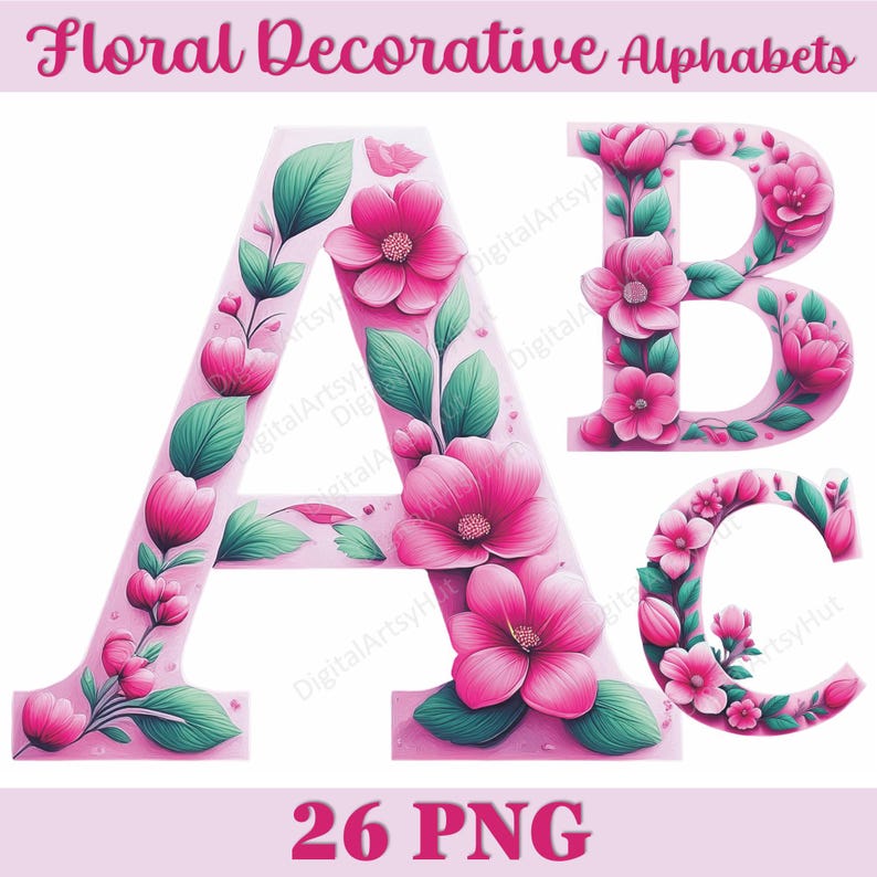 Floral Alphabet PNG Bundle. Watercolor Pink Floral Letters Decorative ...