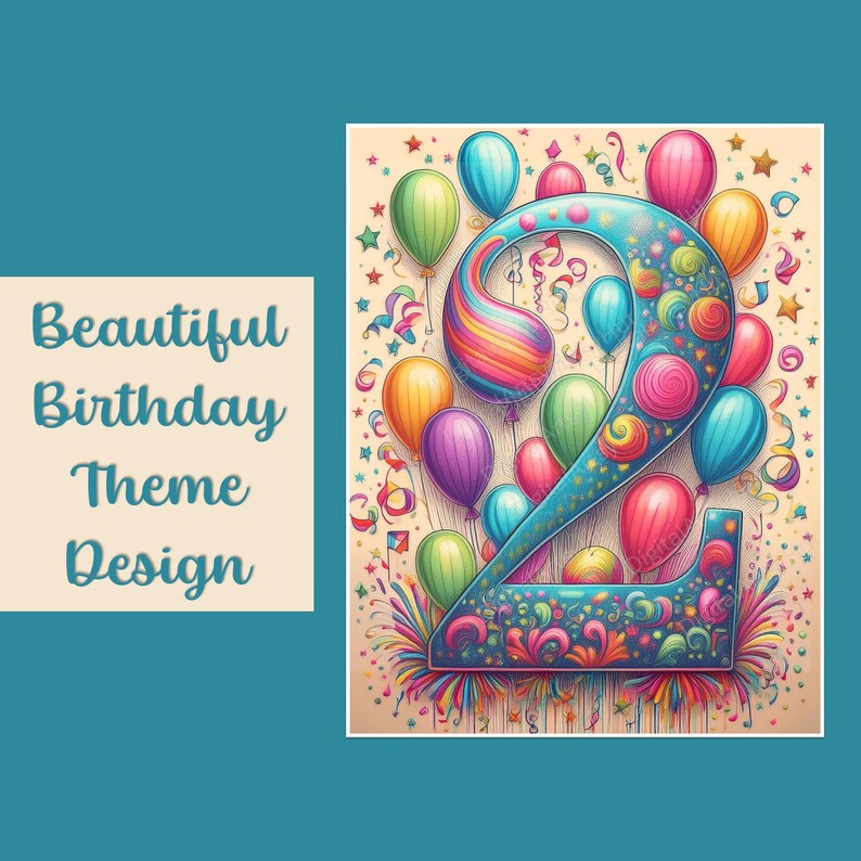 Second Birthday Number 2 Card Clipart Instant Download. Printable Card ...