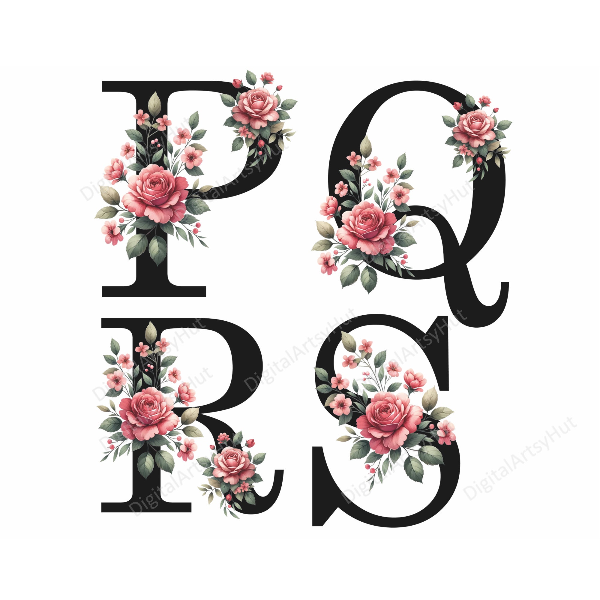 Floral Alphabet PNG Bundle With Pink Watercolor Roses. Sublimation ...